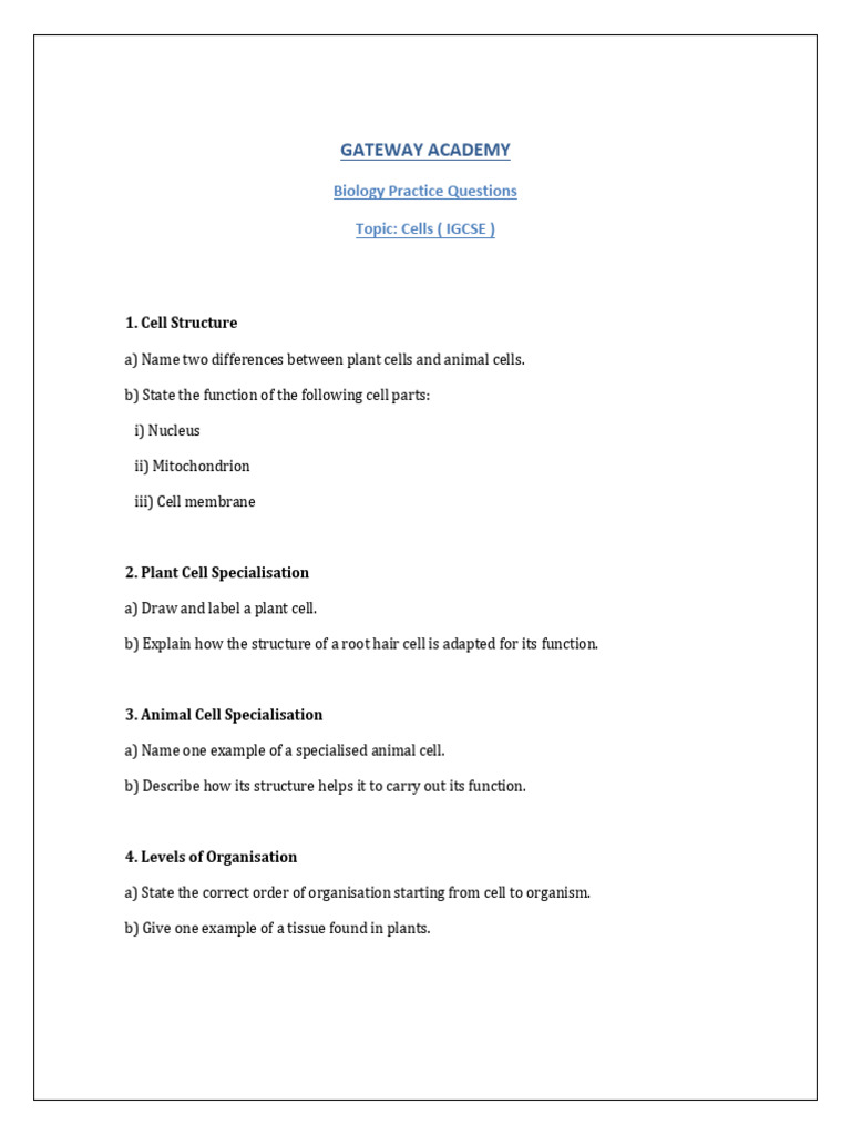 IGCSE Biology Topic2 Cells Practice (1) | PDF