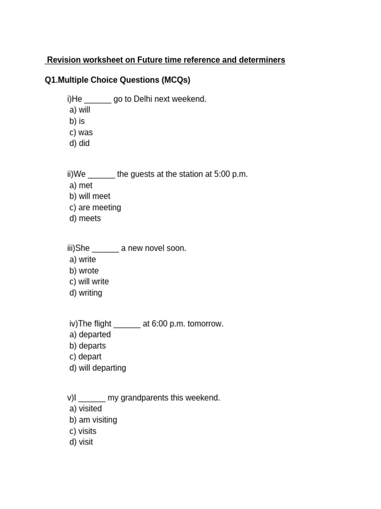 Revision Worksheet On Future Time Reference and Determiners | PDF