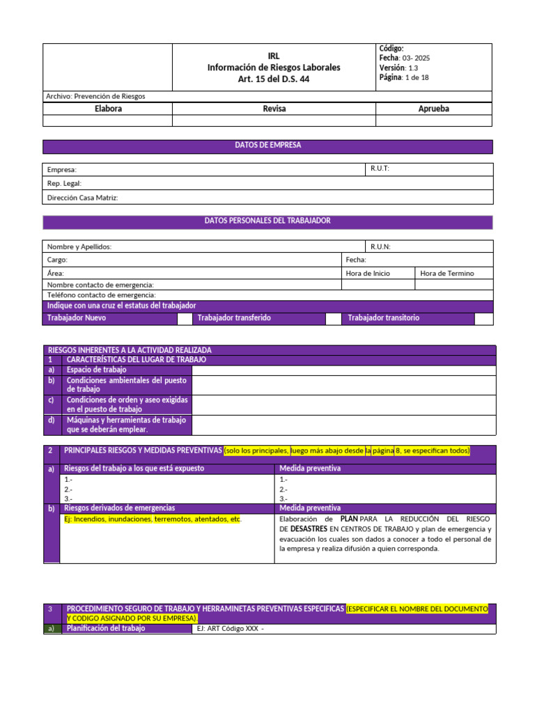 FORMATO IRL Ex ODI Informacion de Los Riesgos Laborales DS 44 V3.1 | PDF