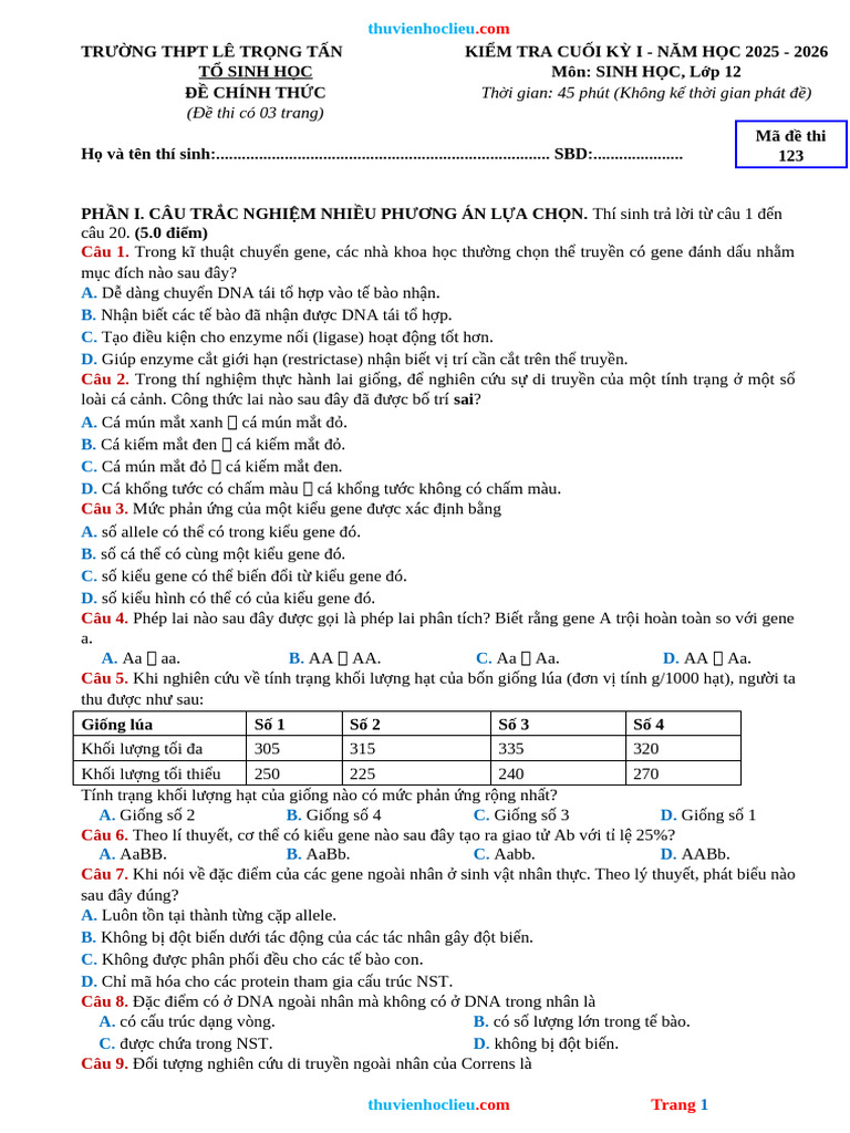 Thuvienhoclieu.com de Kiem Tra HK1 Sinh 12 THPT Le Trong Tan TP HCM 25 ...
