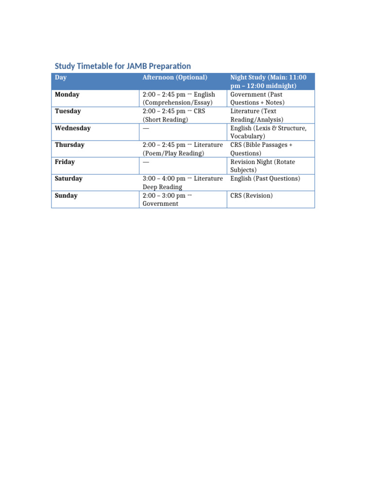 JAMB Study Timetable Guide | PDF