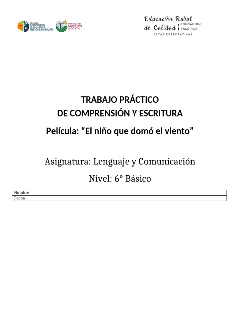 Trabajo Comprension El Nino Que Domo El Viento Con Rubrica | PDF