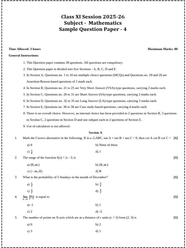 Class XI Mathematics Sample Paper | PDF | Chess Theory | Chess
