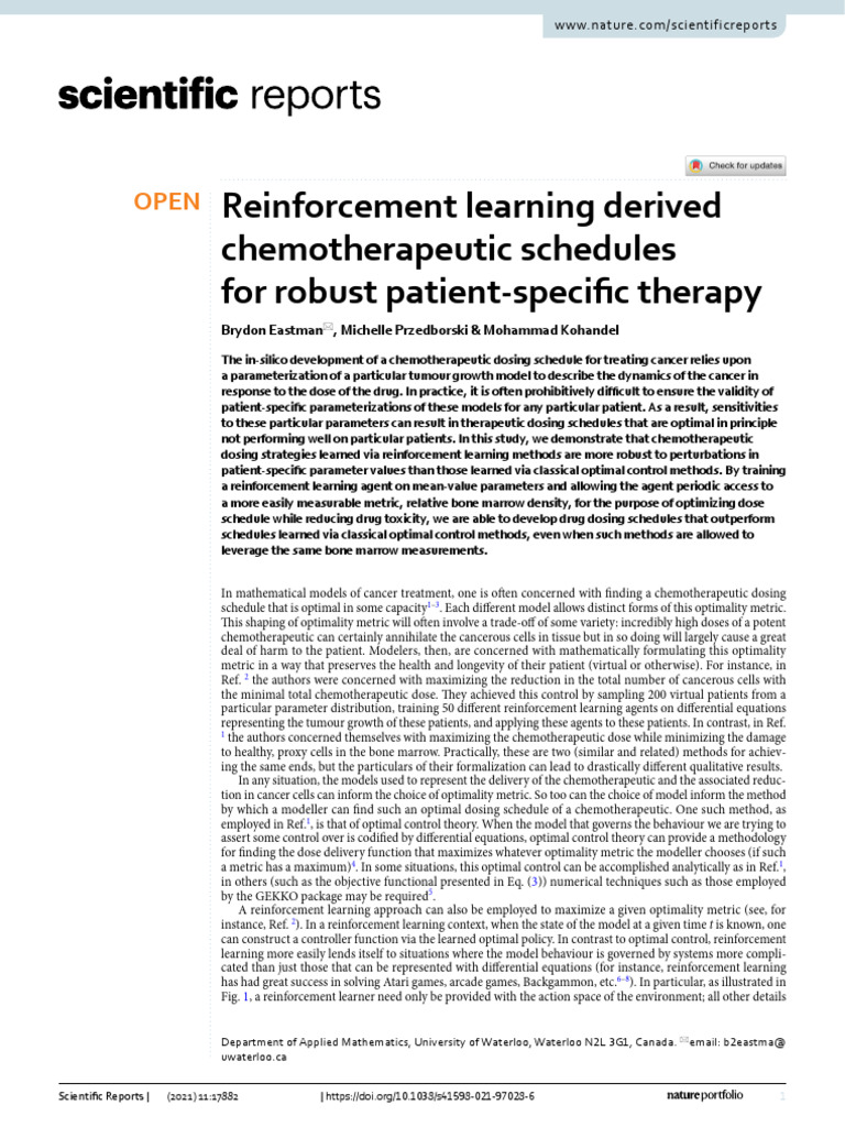 Chemotherapy Schedules via Reinforcement Learning | PDF | Stochastic ...