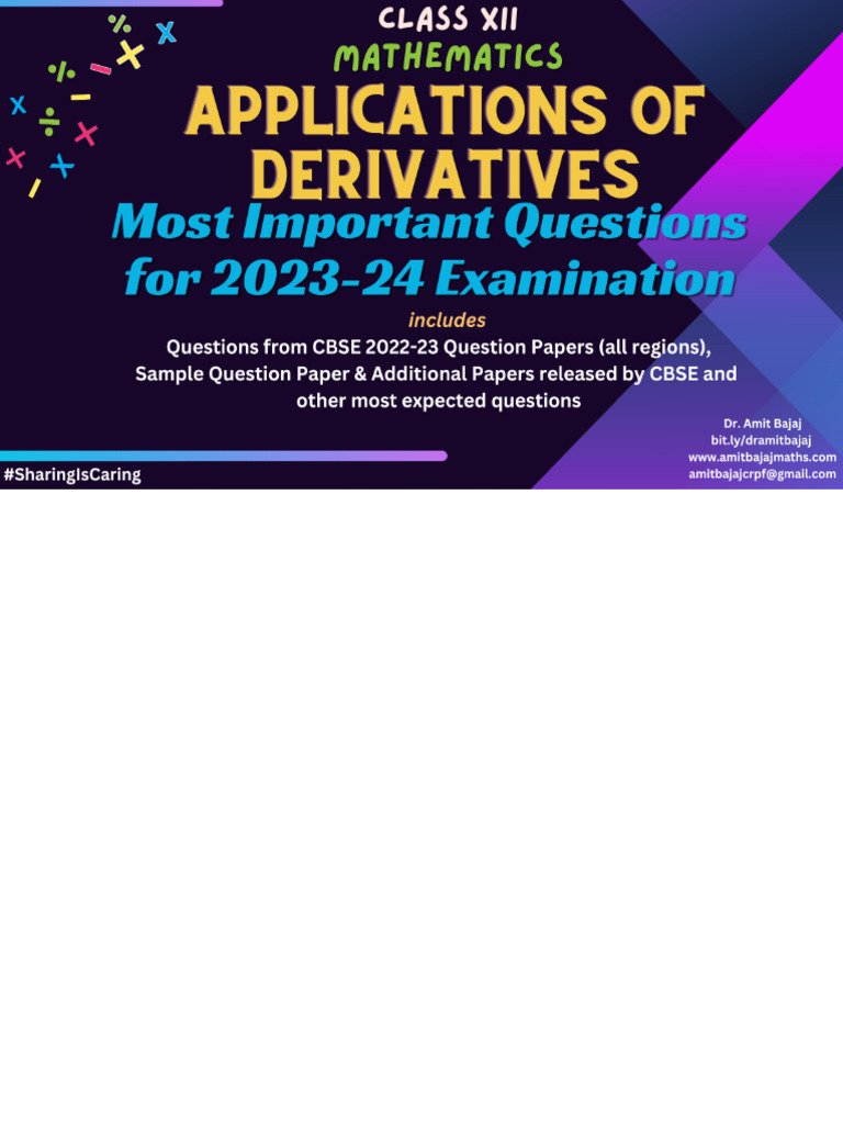 6. Class XII APPLICATIONS of DERIVATIVES Most Important Questions for ...