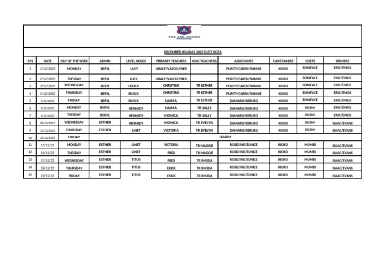Ark South Dec 2025 Duty Rota (1) | PDF