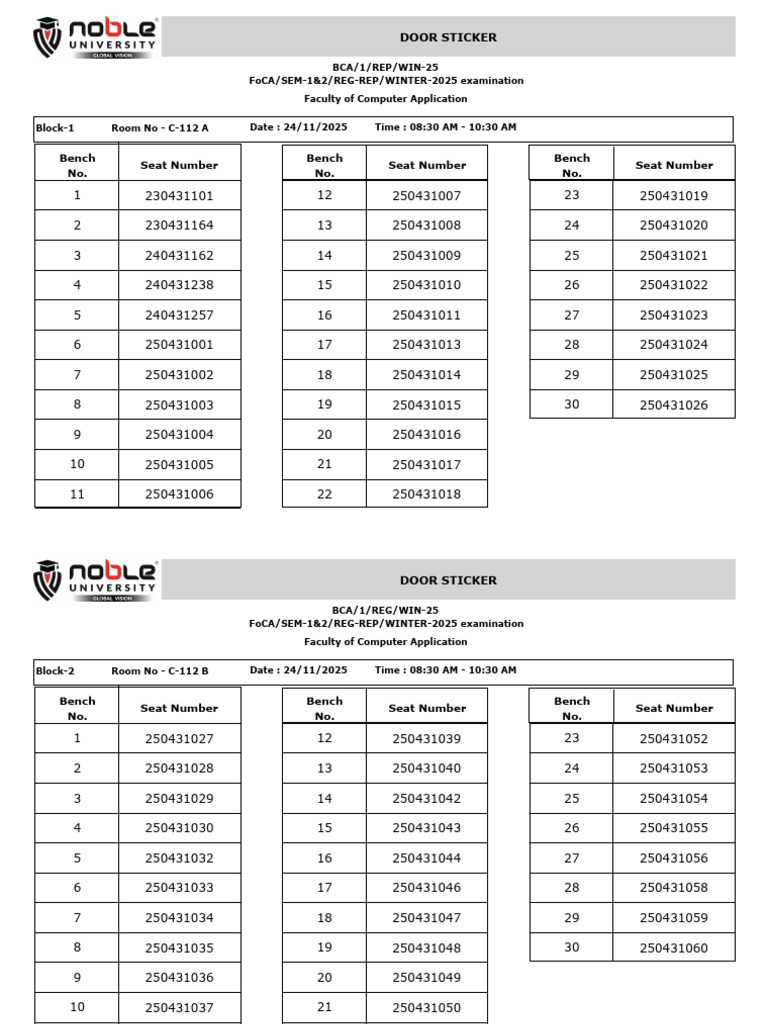26-34!24!11-2025 Block Wise Seating Arrangement (1) | PDF | Academic ...