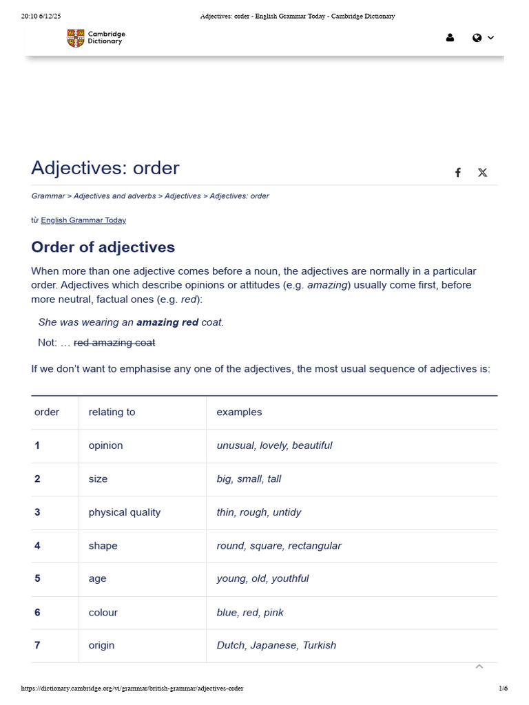 Adjectives_ order - English Grammar Today - Cambridge Dictionary | PDF ...