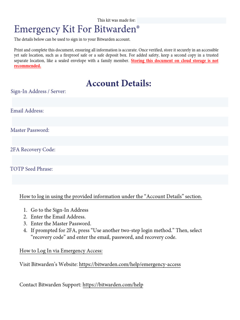 Example of Bitwarden Emergency Kit | PDF