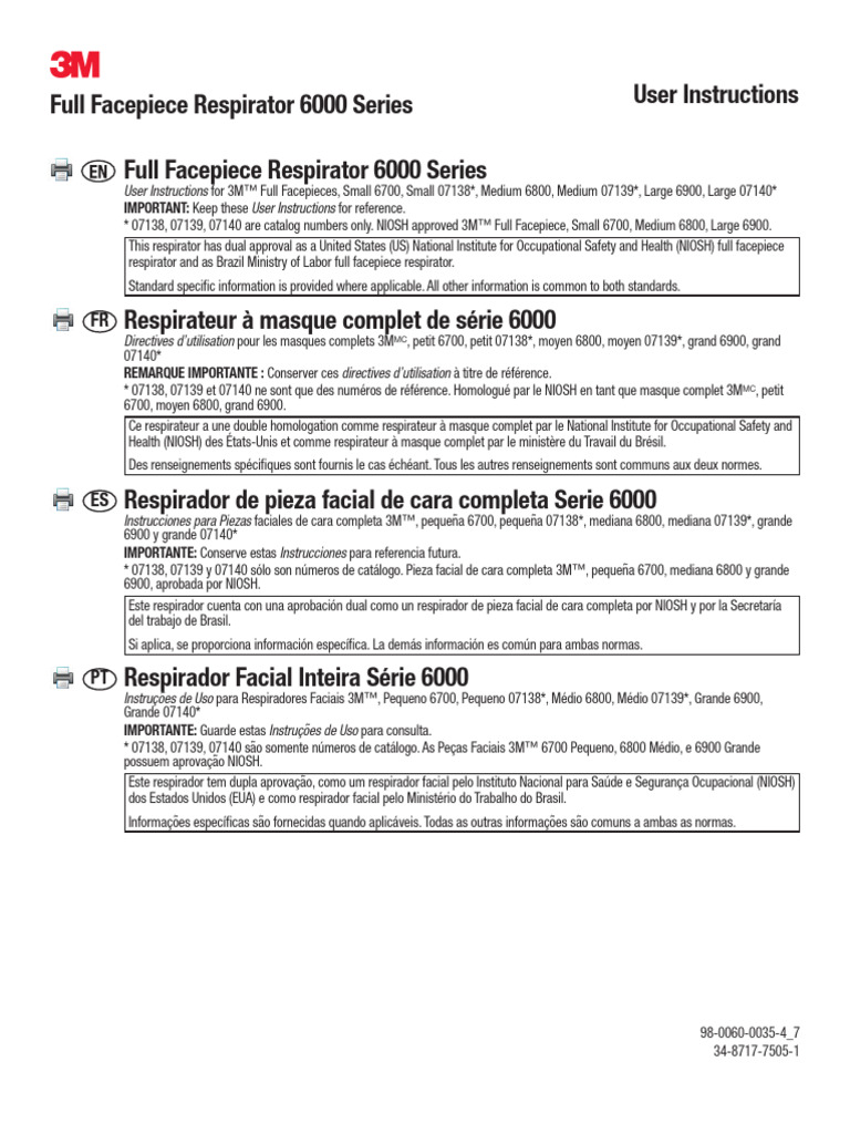 Full Facepiece Respirator 6000 Series User Instruction | PDF ...