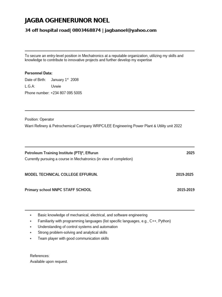 Entry-Level Mechatronics Resume | PDF