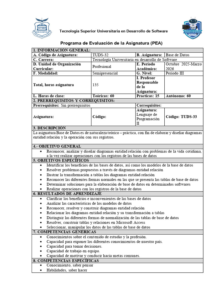 Pea Base de Datos | PDF | Enseñando | Bases de datos