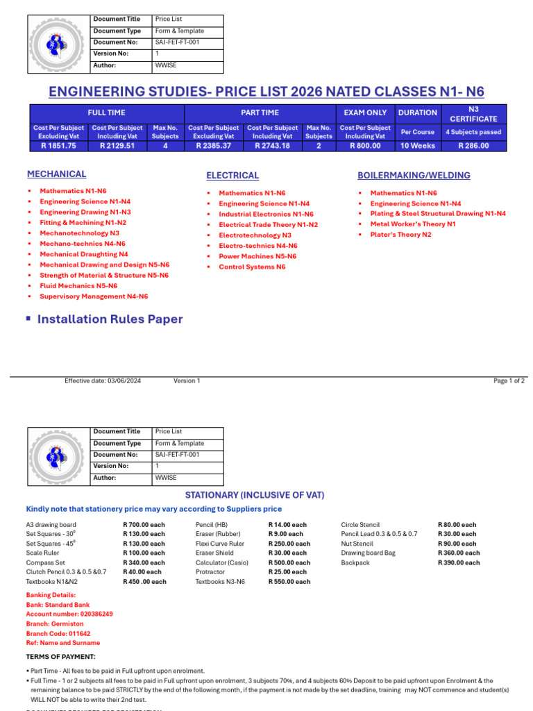 Engineering Studies Price List 2026 | PDF
