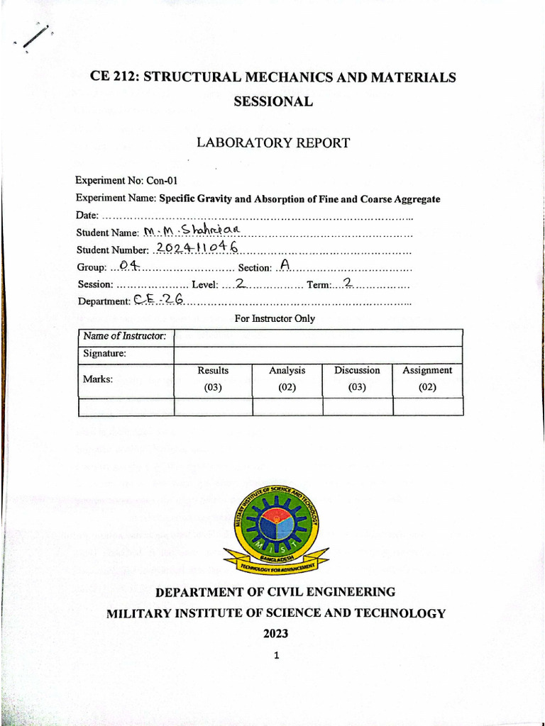 M.M.shahriar Specific Gravity and Absorption Concrete Lab Report (1) | PDF