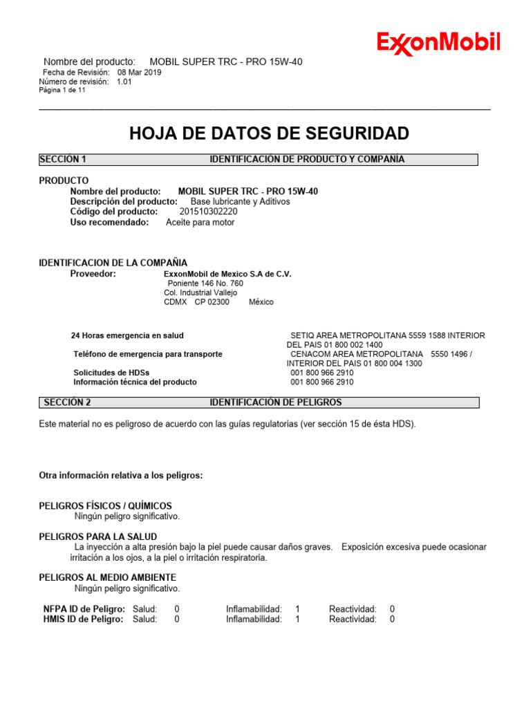 Hoja de Seguridad: Mobil Super TRC 15W-40 | PDF