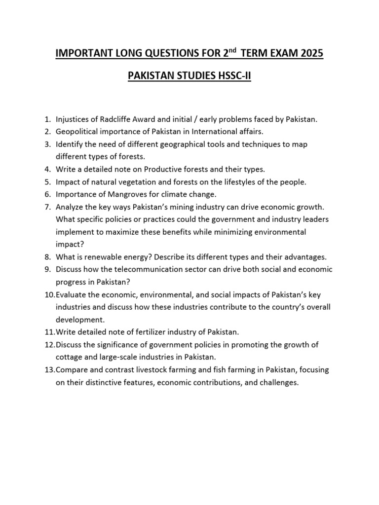 Key Questions for Pakistan Studies Exam | PDF