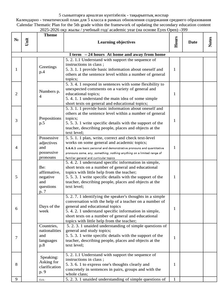 5th Grade Thematic Calendar Plan | PDF | Vocabulary | Conversation