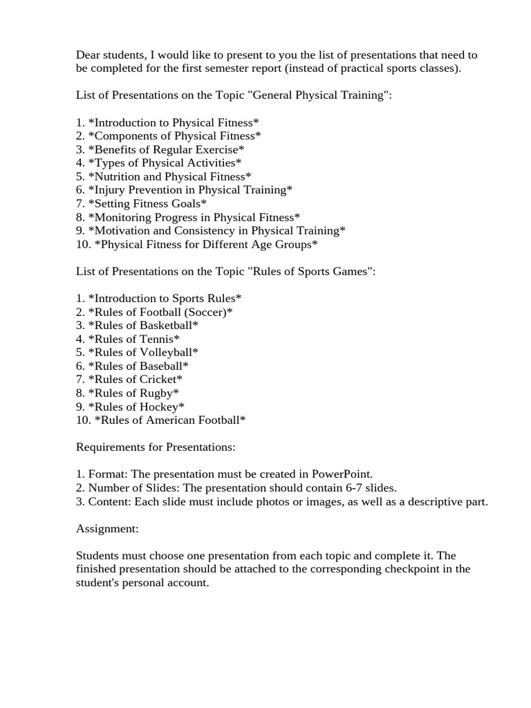Semester Presentation Topics on Fitness | PDF