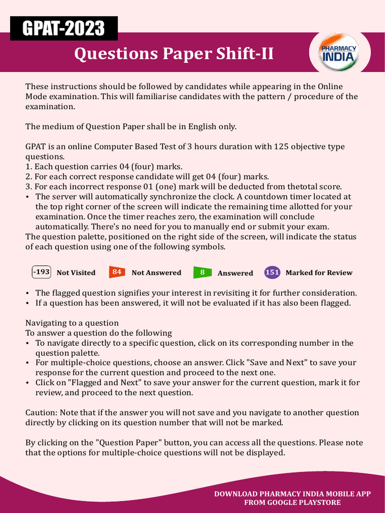 GPAT 2023 Shift-II Exam Instructions | PDF | Acetylcholine | Solubility