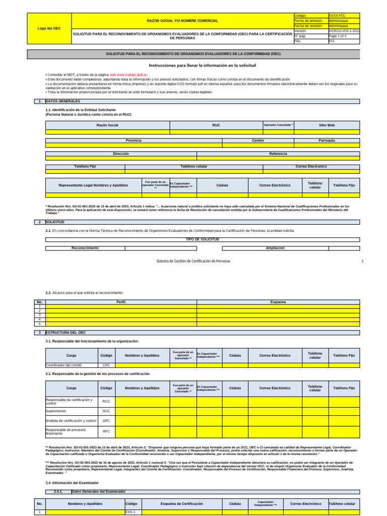 1. F01 Solicitud Para El Reconocimiento de Oec (1) | PDF