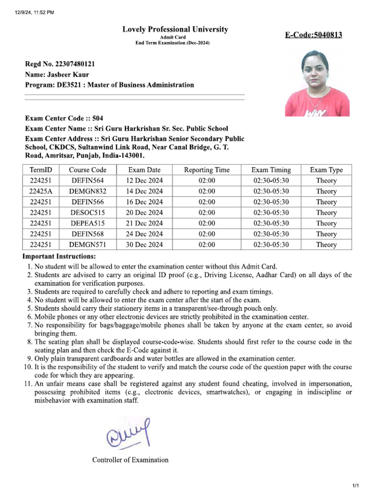 Admit Card Lpu | PDF