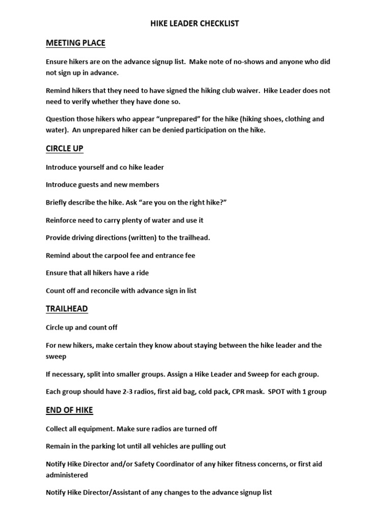 Hike Leader Essential Checklist Guide | PDF