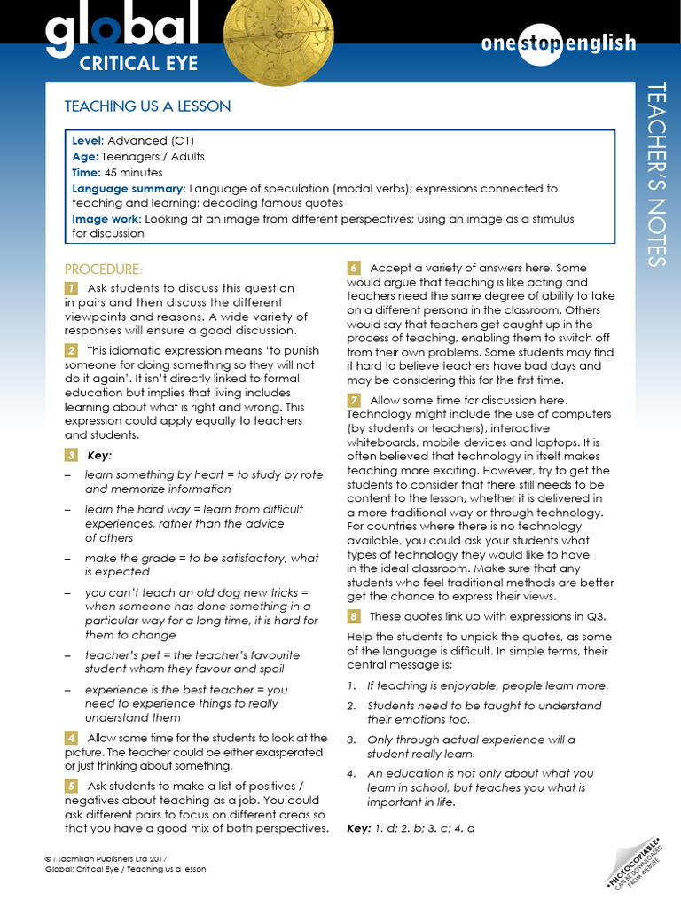 Global Critical Eye Teaching Us a Lesson Lesson Plan | PDF | Teachers ...