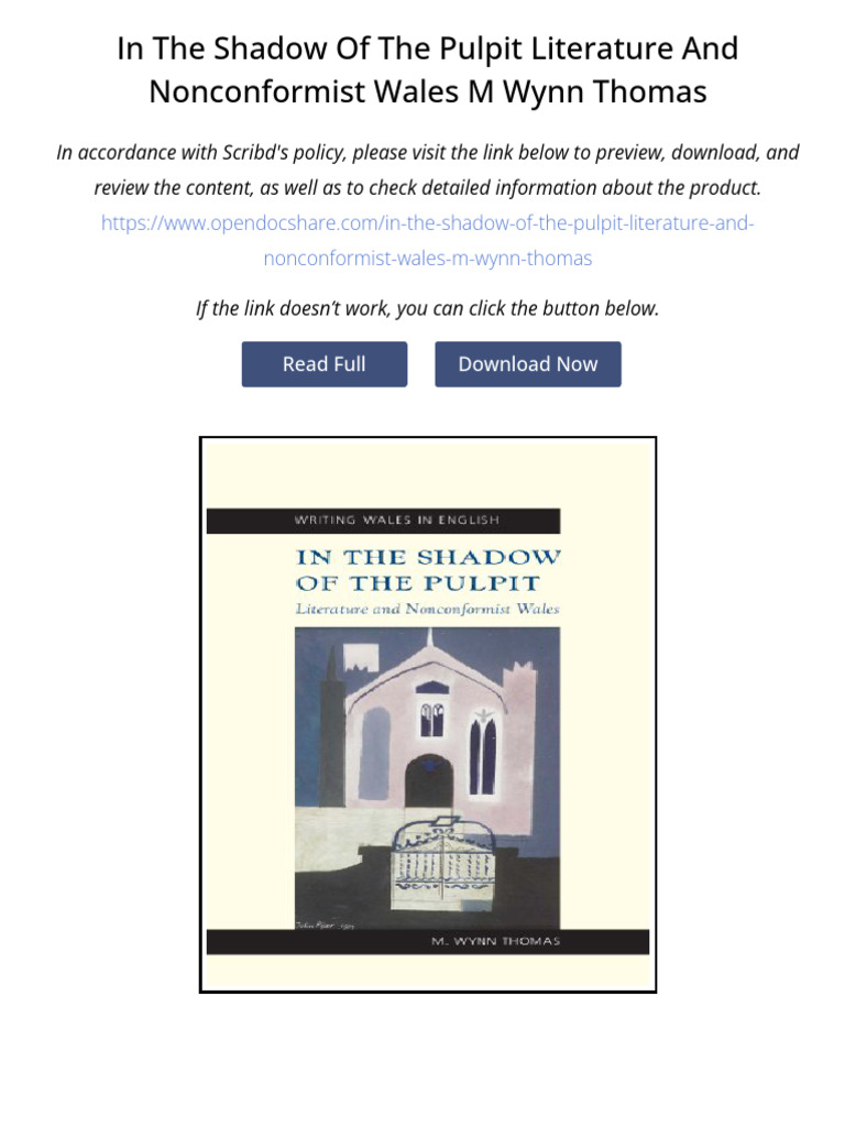 In The Shadow Of The Pulpit Literature And Nonconformist Wales M Wynn ...