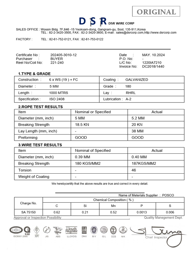 DSR Wire Corp Mill Test Certificate | PDF | Manufactured Goods