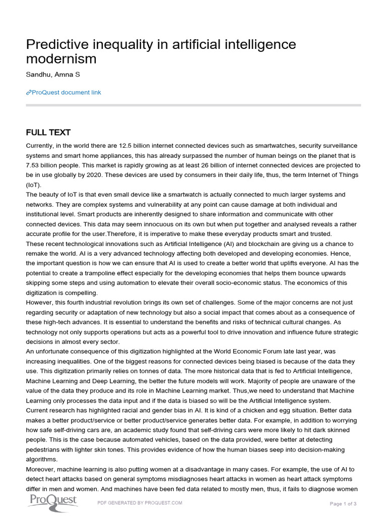 Predictive Inequality in Artificial Intelligence Modernism | PDF ...