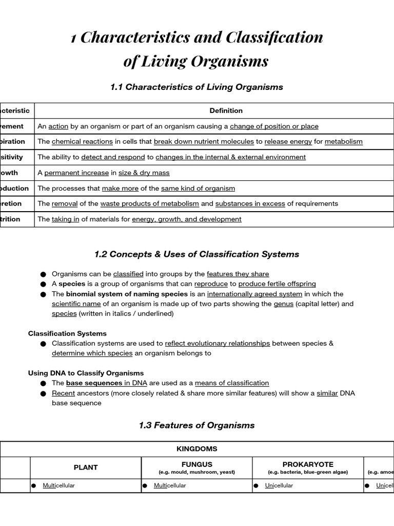 Copy of 1 Characteristics and Classification of Living Organisms | PDF ...