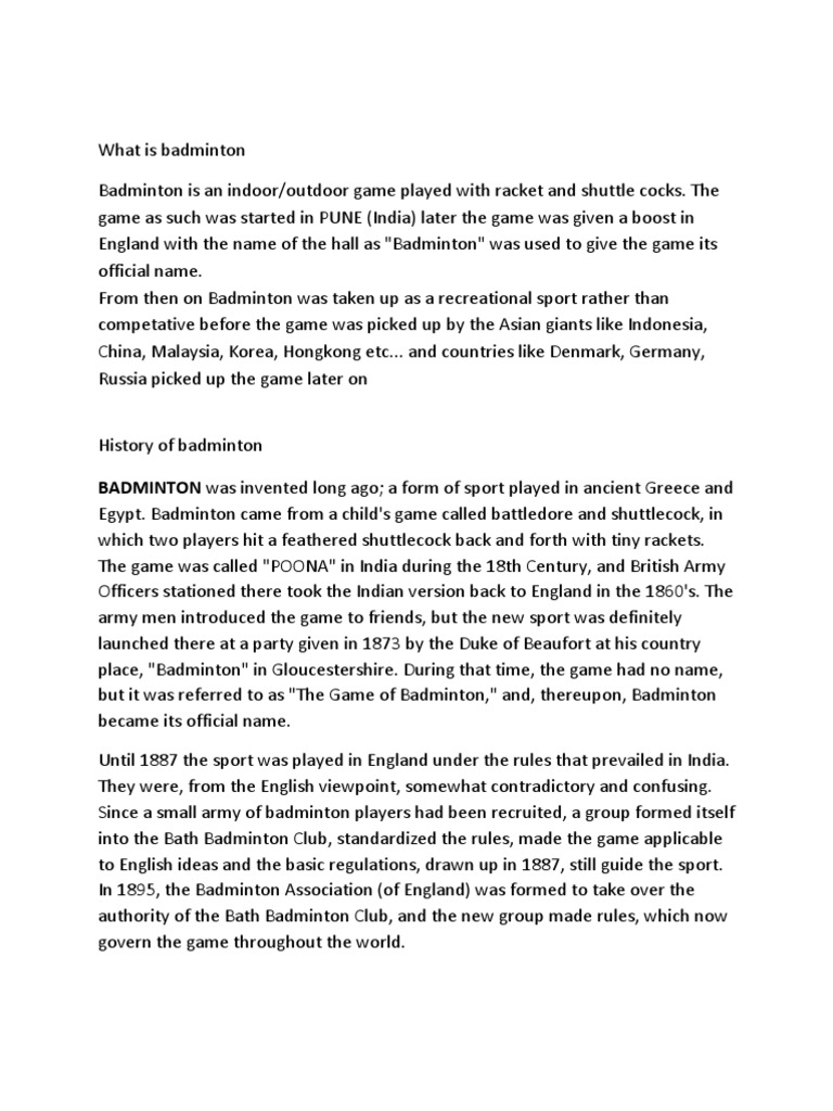 BADMINTON Was Invented Long Ago A Form of Sport Played in Ancient ...