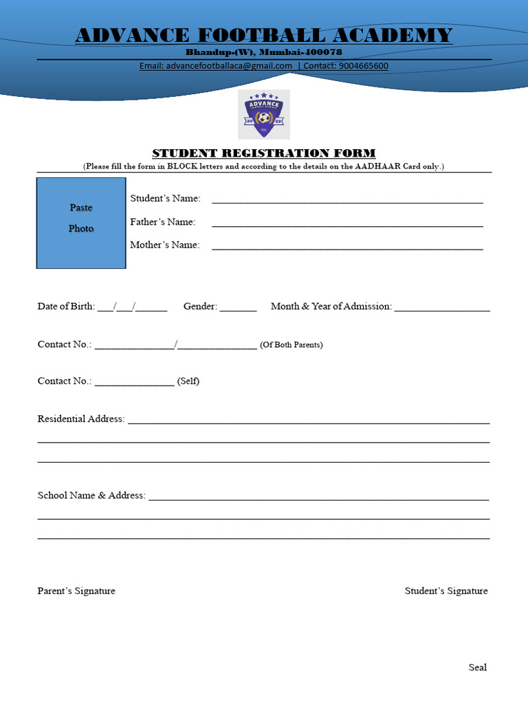Advance Football Academy Registration Form | PDF