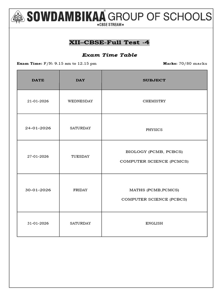 Class - Xii - Full Test - 4 Time Table | PDF