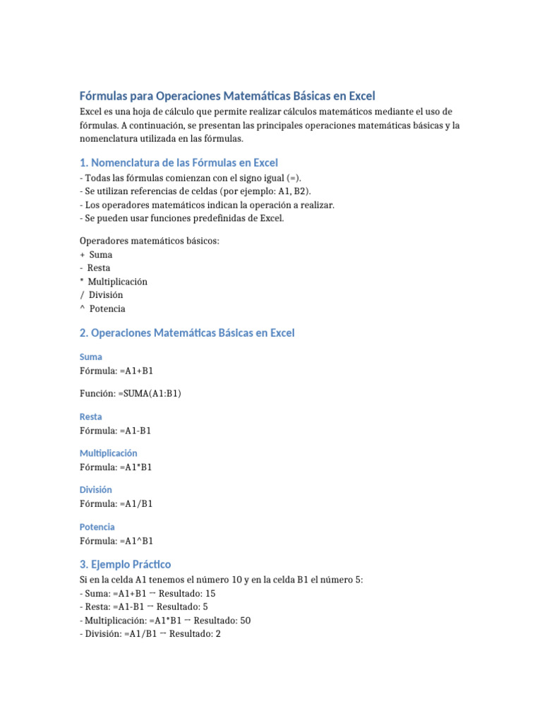 Fórmulas Matemáticas Básicas en Excel | PDF