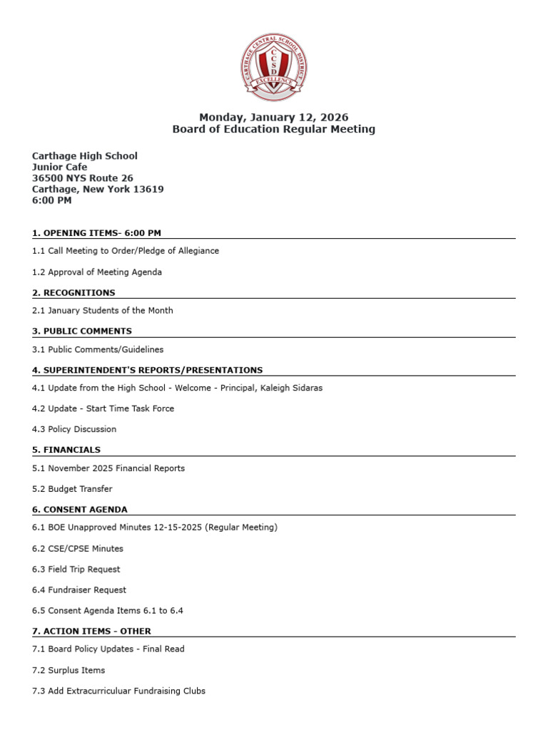 Carthage Central School District BOE agenda Jan. 12, 2026 | PDF