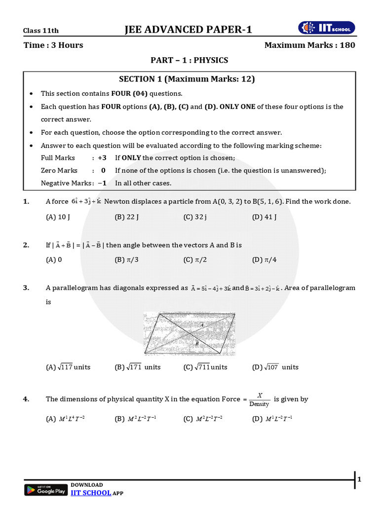 JEE Advanced Physics Paper 1 Solutions | PDF | Euclidean Vector | Force