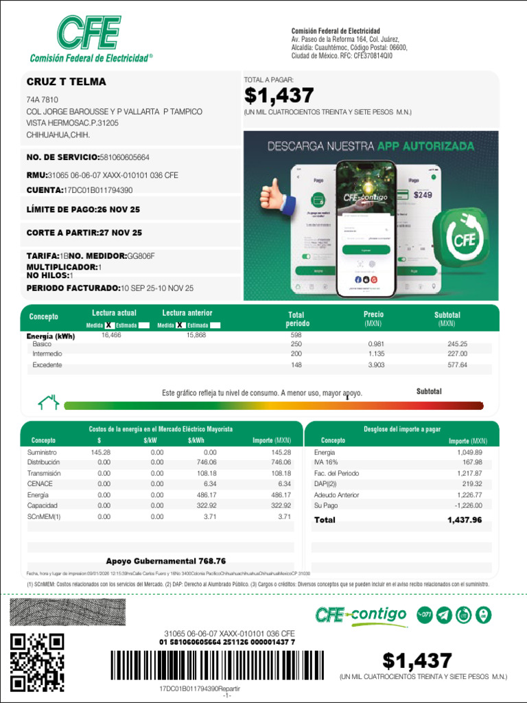 Recibo Cfe 2026 01 09t125341 216 Pdf México Cantidades Fisicas