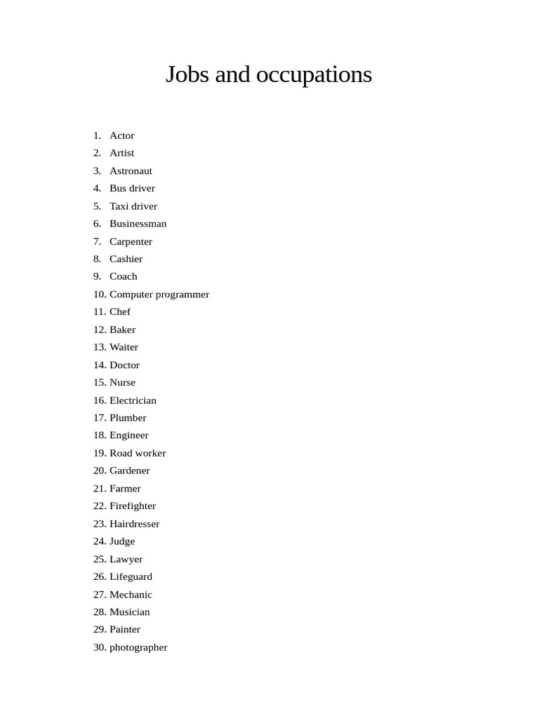 List of Various Jobs and Occupations | PDF