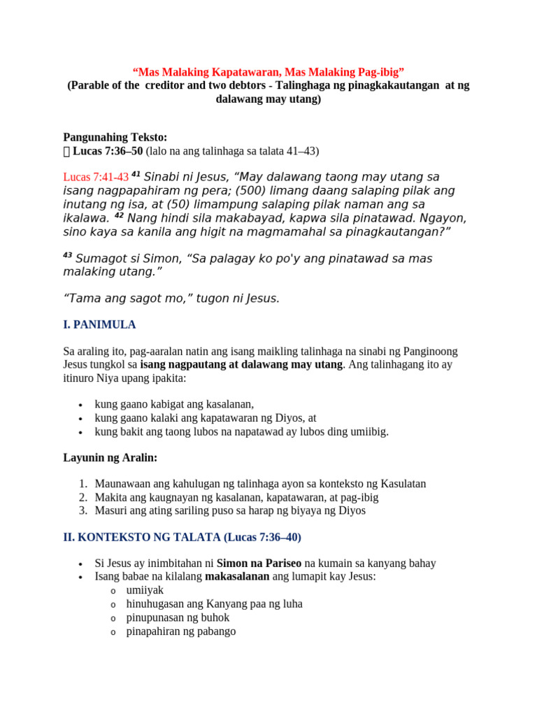 Parable of the Creditor and the Two Debtor | PDF