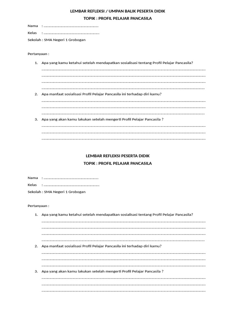 Lembar Refleksi Peserta Didik p5 | PDF