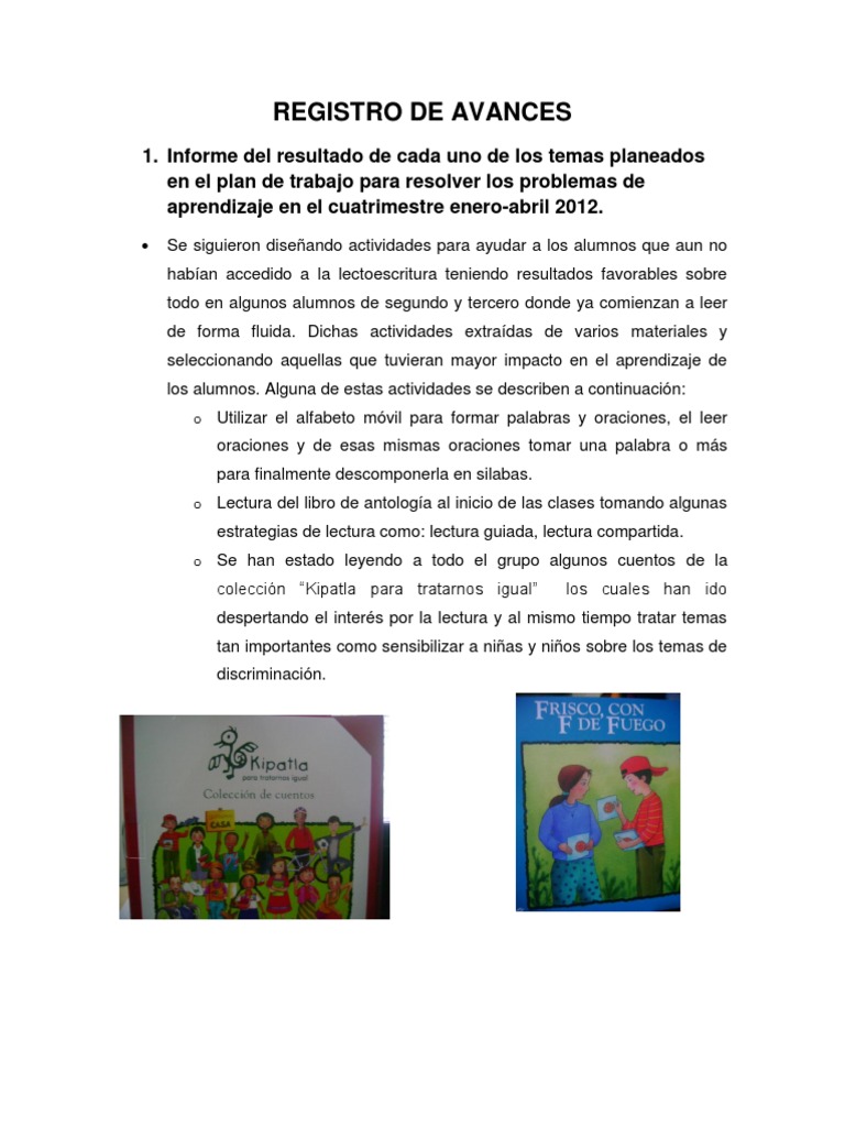 Registro de Avances Ene-Abril | PDF | Lectura (proceso) | Jardín de ...