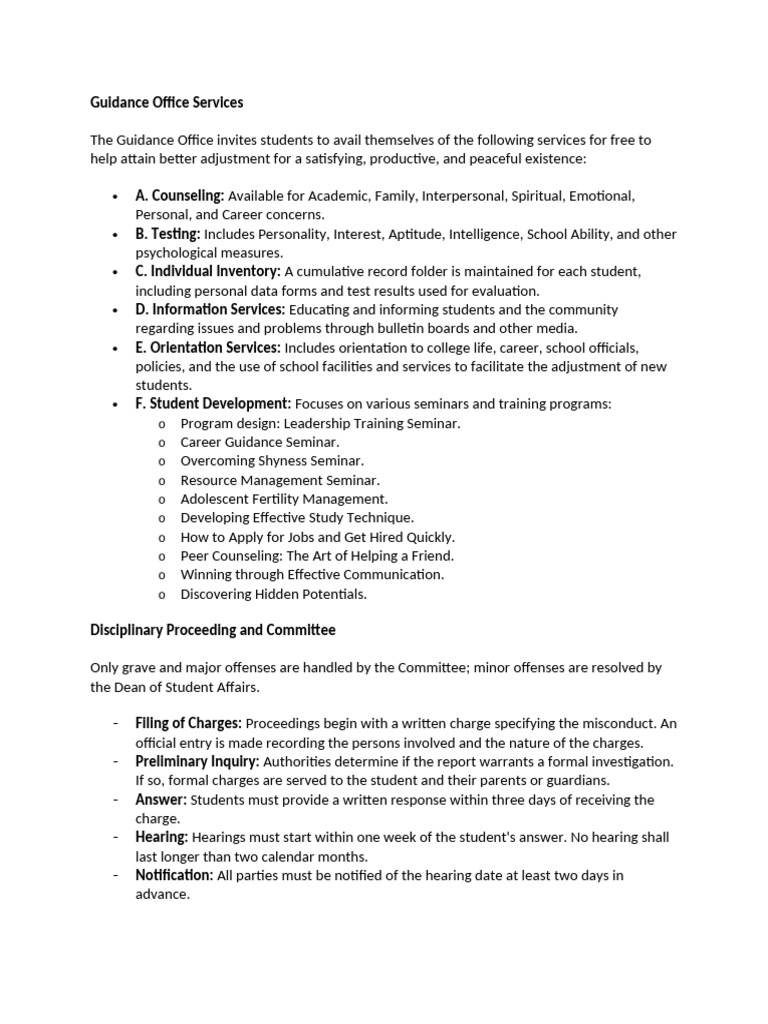 Guidance Office Services and Disciplinary Procedures | PDF | Complaint ...