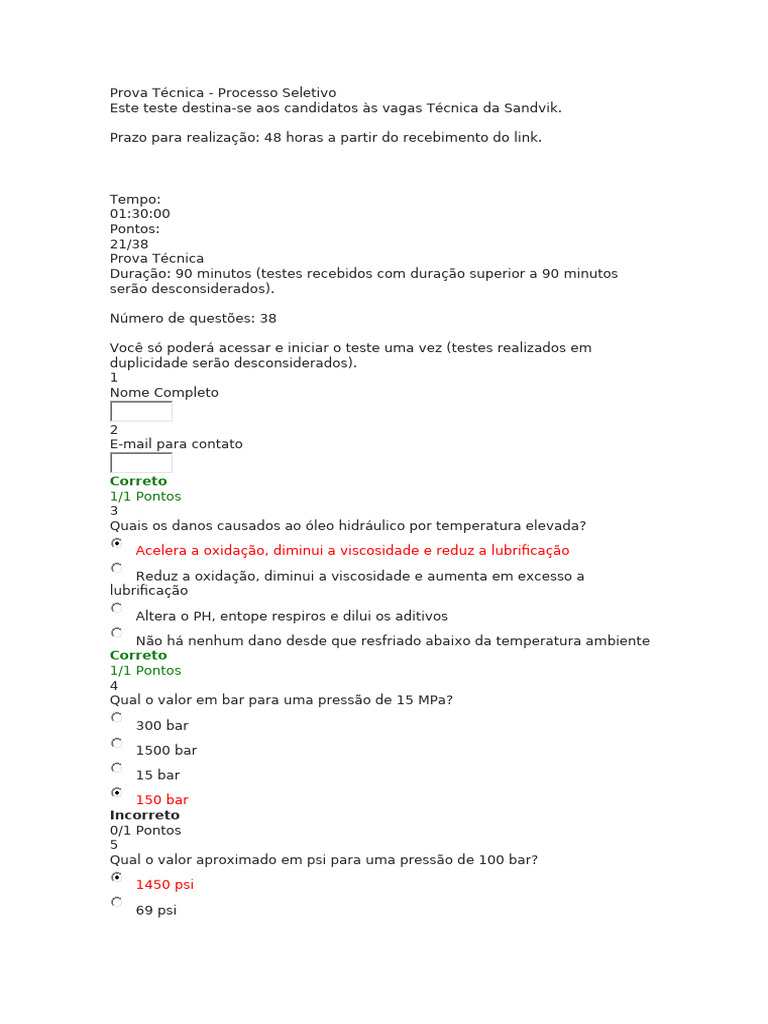 Prova Técnica Sandivik 06042024 | PDF | Bomba | Válvula