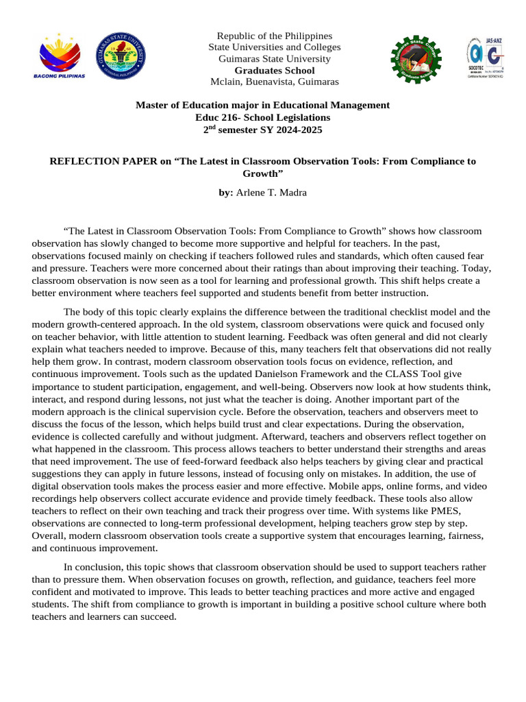 Reflection Paper on Ra 9155 | PDF | Teachers | Learning