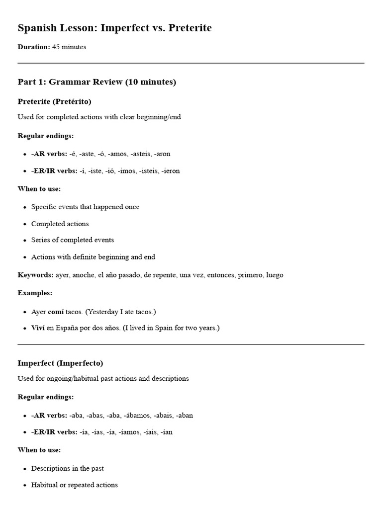 Spanish Lesson_ Imperfect vs. Preterite | PDF