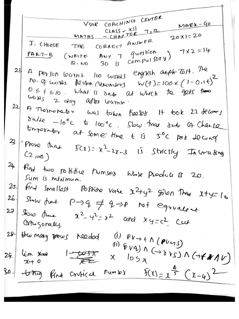 12th Maths Chapter 7 and 12 Important Questions English Medium PDF Download | PDF