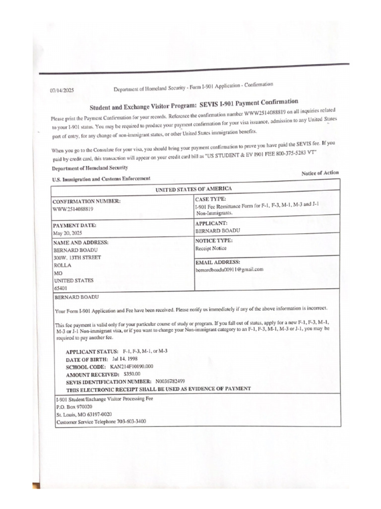Sevis Payment Receipt | PDF