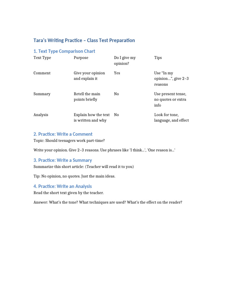 Tara Text Writing Worksheet Student | PDF