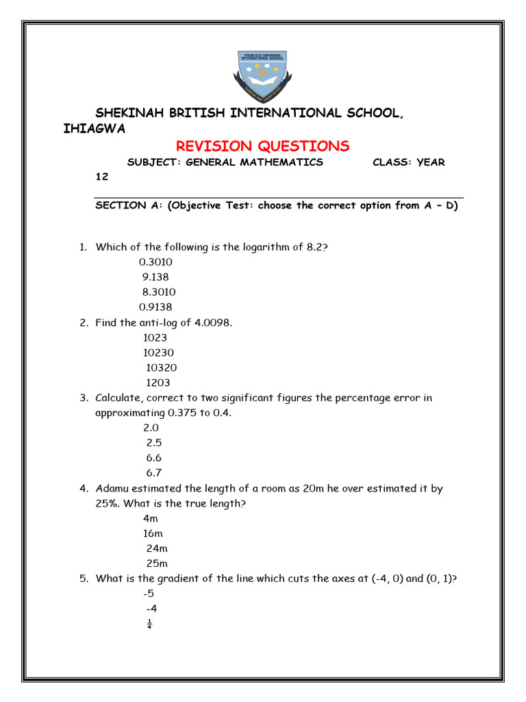 Year 12 General Mathematics Revision Questions | PDF | Area ...